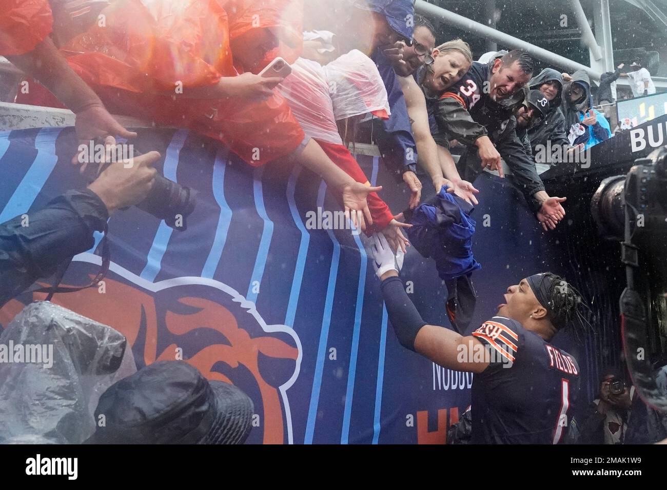 Chicago Bears' Justin Fields celebrates after an NFL football game ...