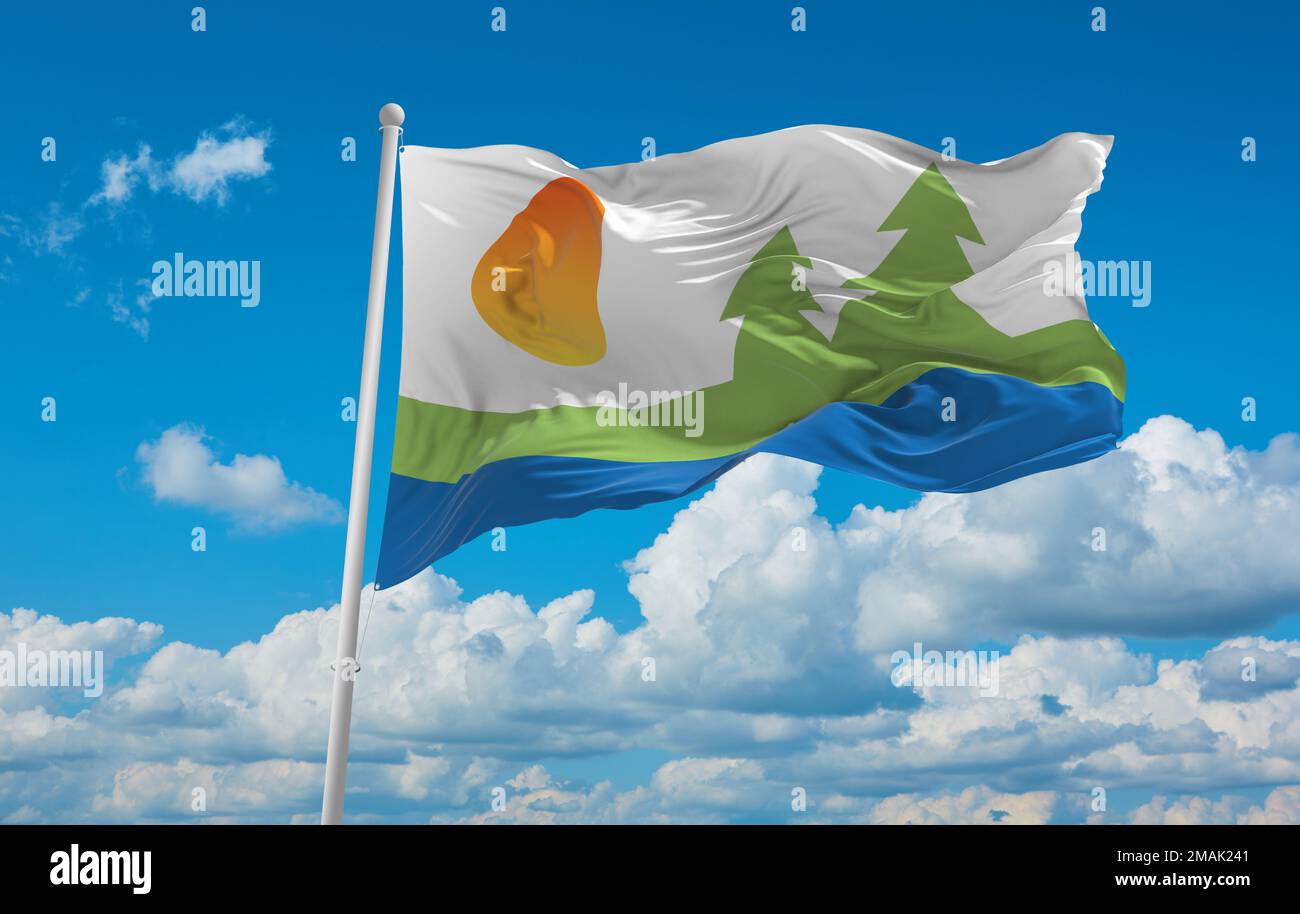 official flag of Kawartha Lakes, Ontario Canada at cloudy sky ...