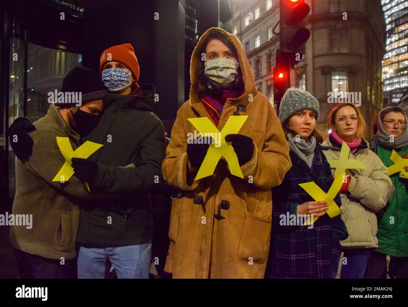 London, England, UK. 19th Jan, 2023. Protesters hold yellow X signs, a ...