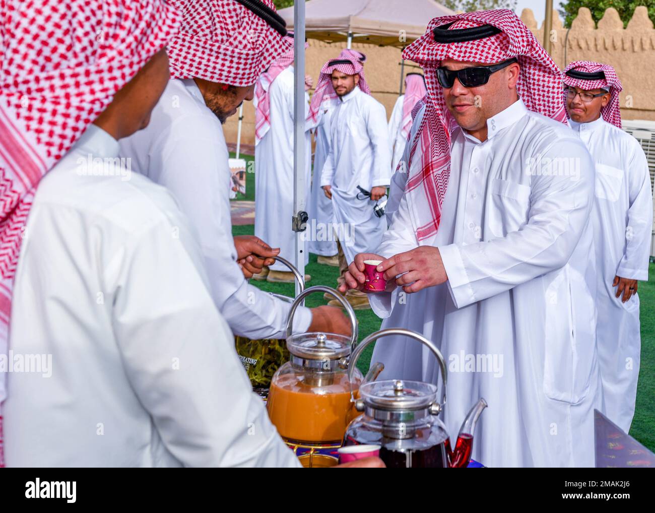 U.S. service members sample traditional Arabic tea at the Prince Sultan ...