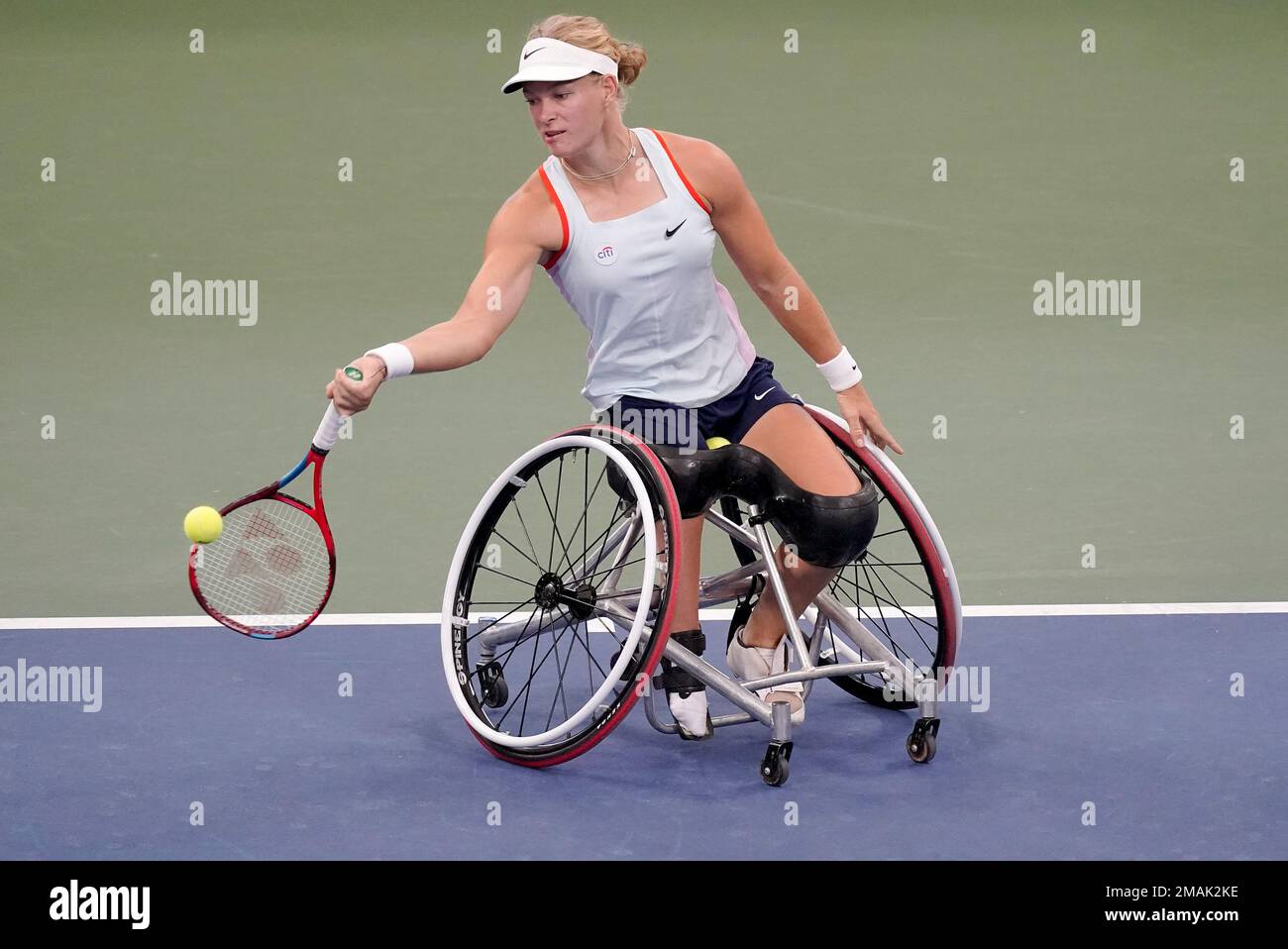 Diede De Groot, of the Netherlands, returns a shot to Yui Kamiji, of ...