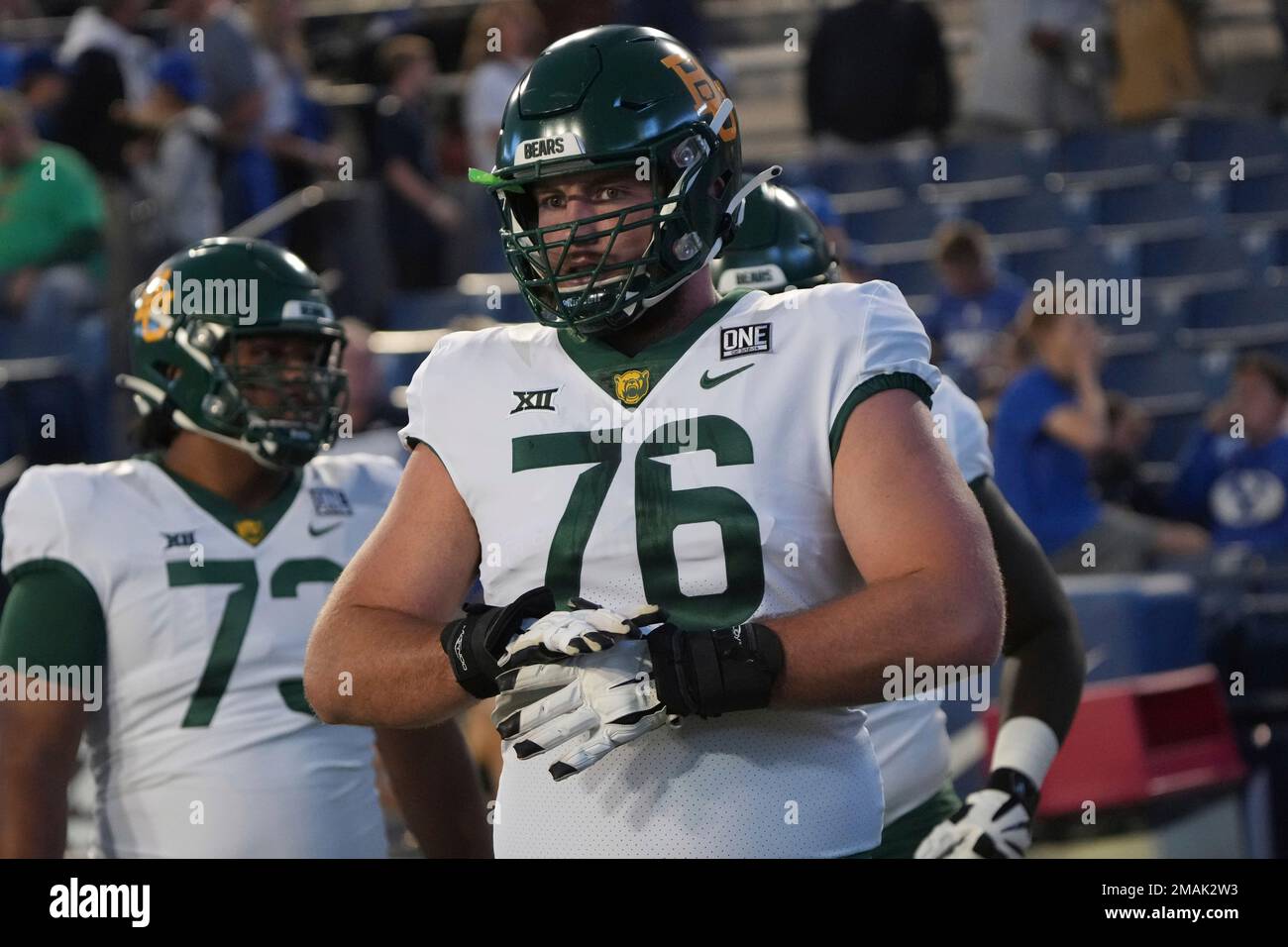 Baylor offensive lineman Connor Galvin (76) warms up before an NCAA college football game ...