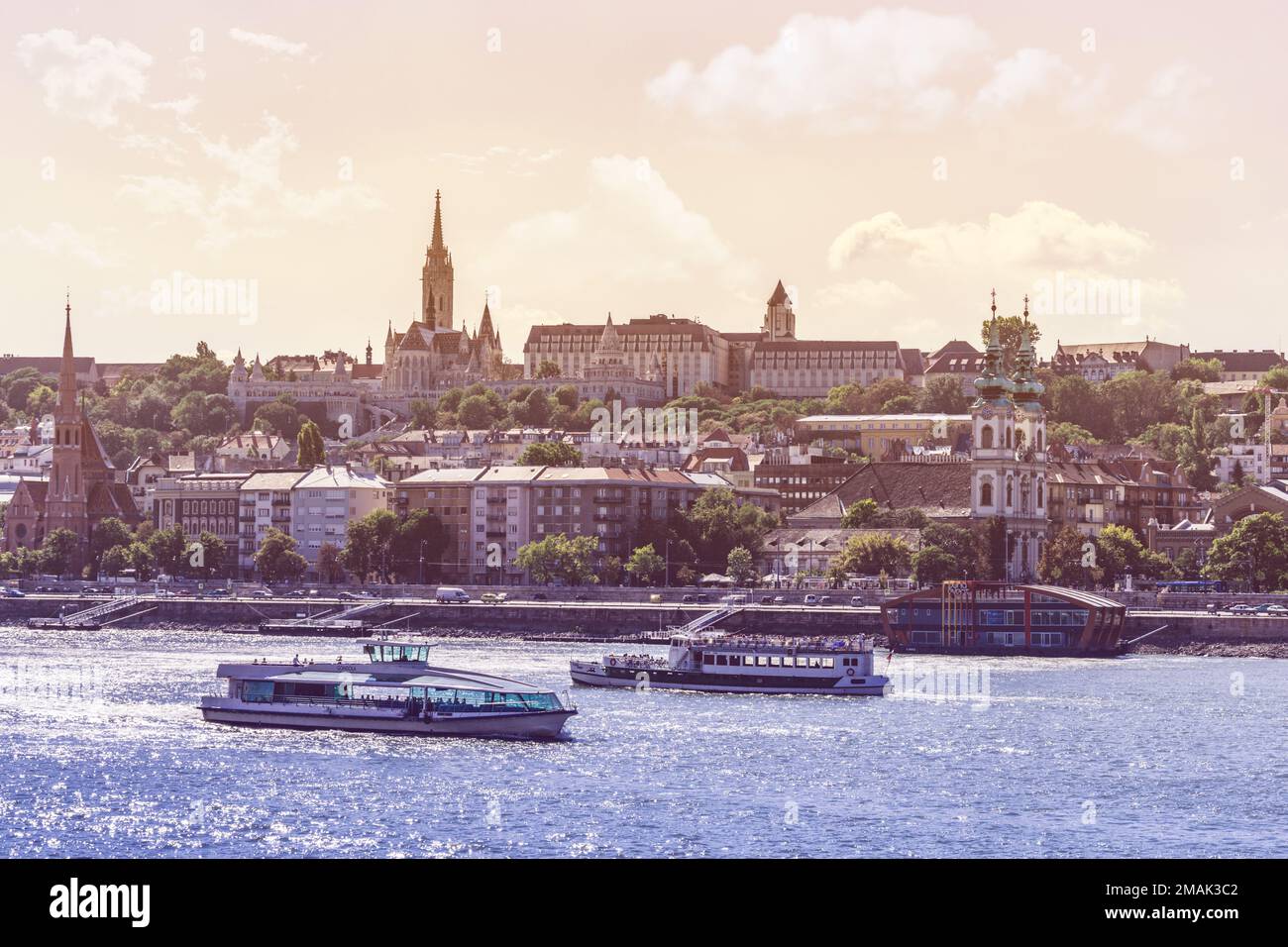 A view of the Danube coast with ships and the buildings of the Buda ...