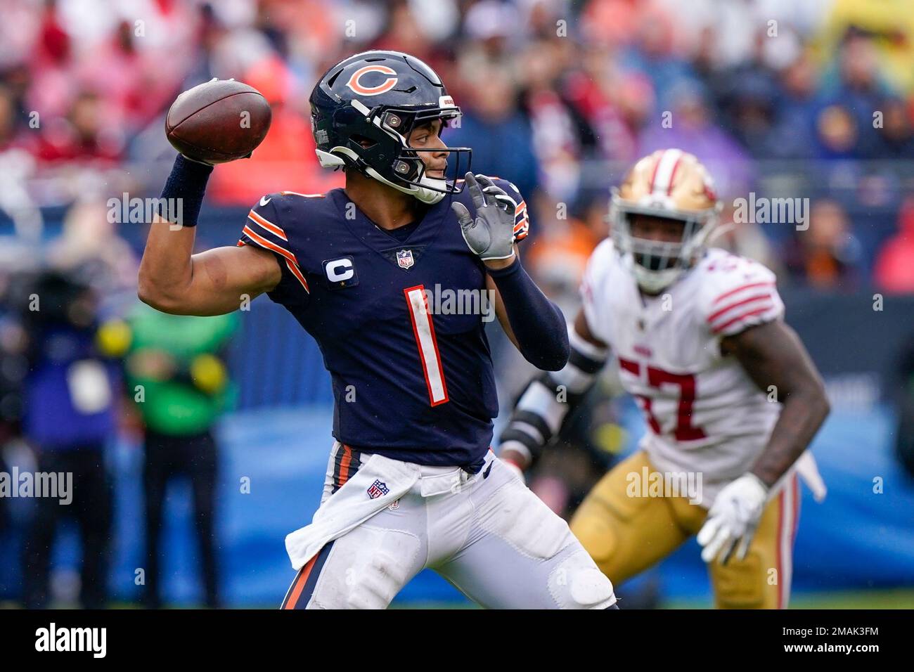 Chicago Bears' Justin Fields throws during the second half of an NFL ...