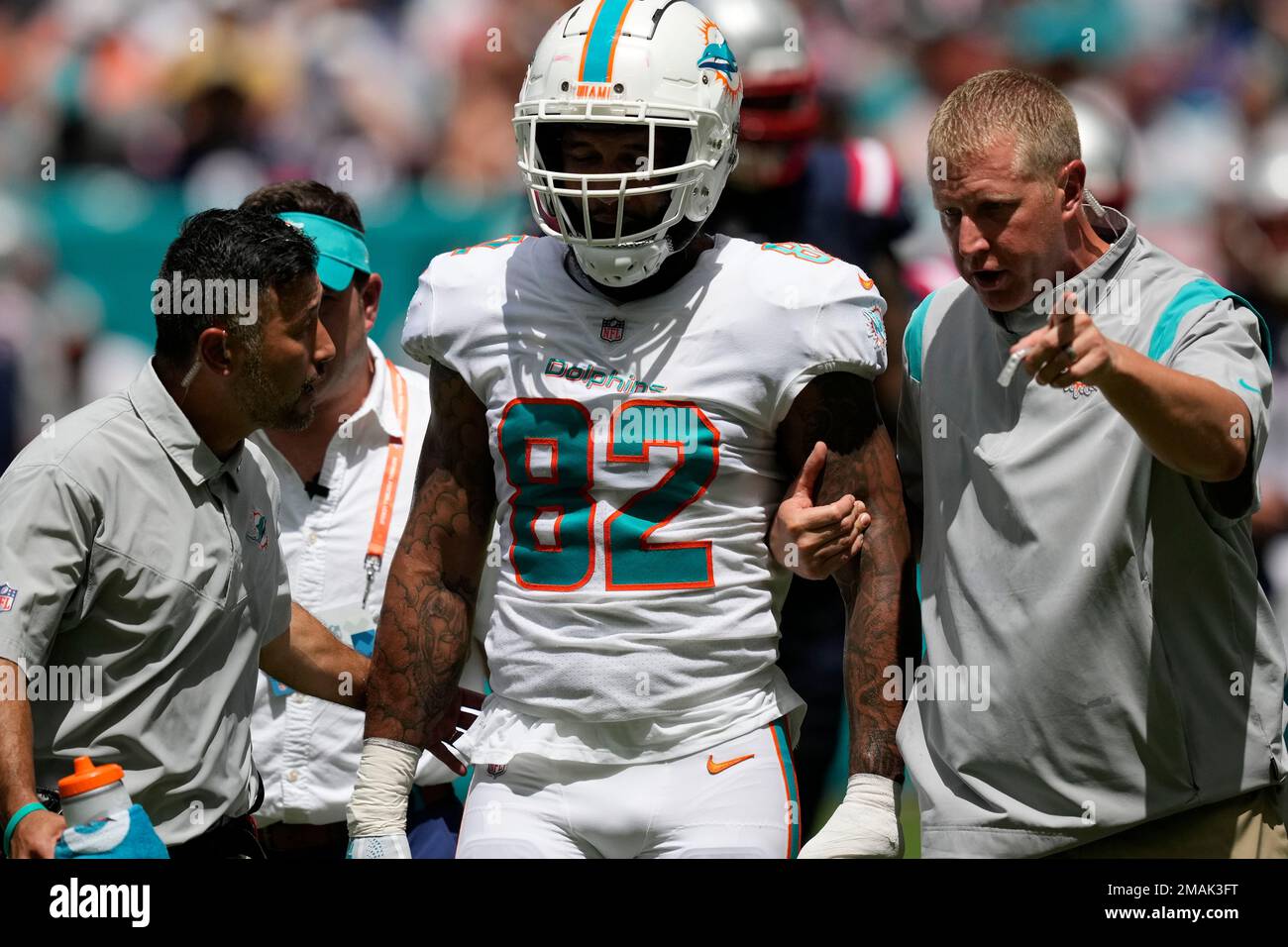 Miami Dolphins tight end Cethan Carter (82) is attended on the field ...