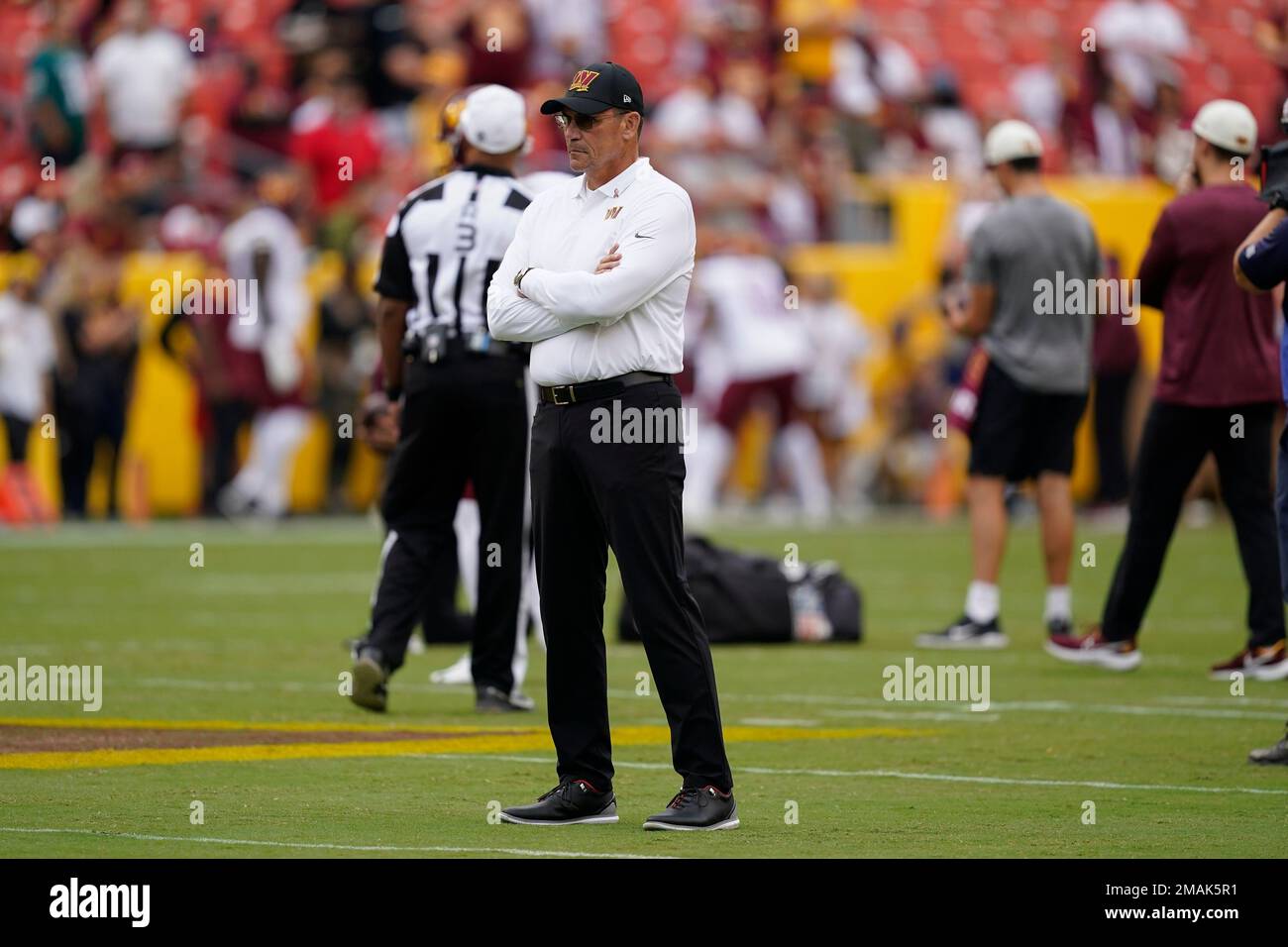 Washington Commanders head coach Ron Rivera on the field before the ...
