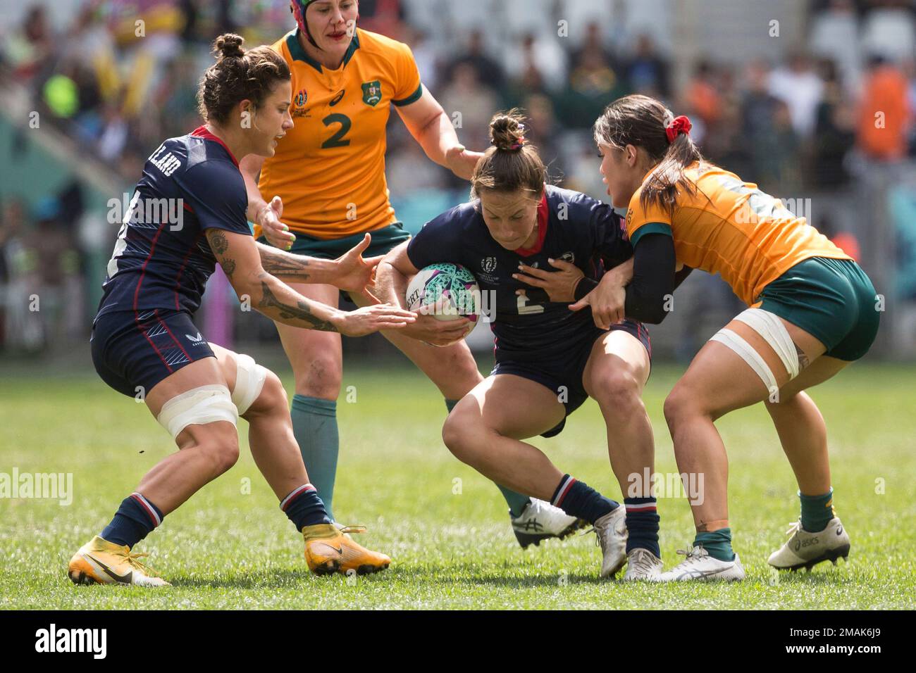 Ilona Maher of USA is caught by Madison Ashby of Australia while been ...