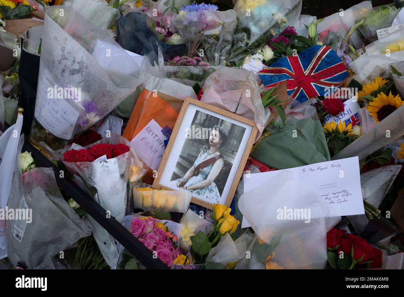 Flowers and posters for Queen Elizabeth II in front of Buckingham ...