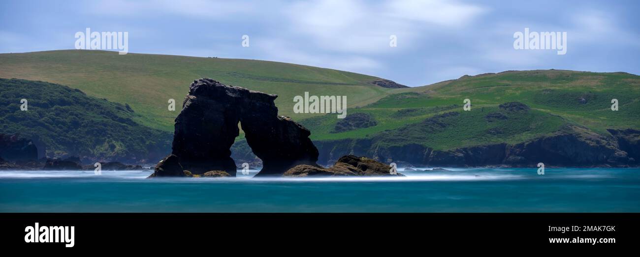 View the Thurlestone Rock at South Milton Sands, Devon, UK Stock Photo ...