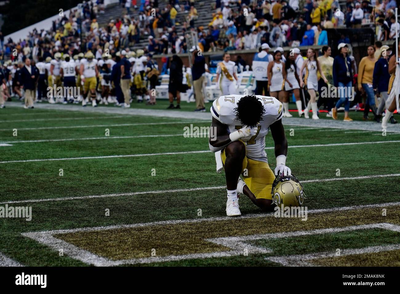 Georgia Tech linebacker Demetrius Knight II (17) takes a moment before ...