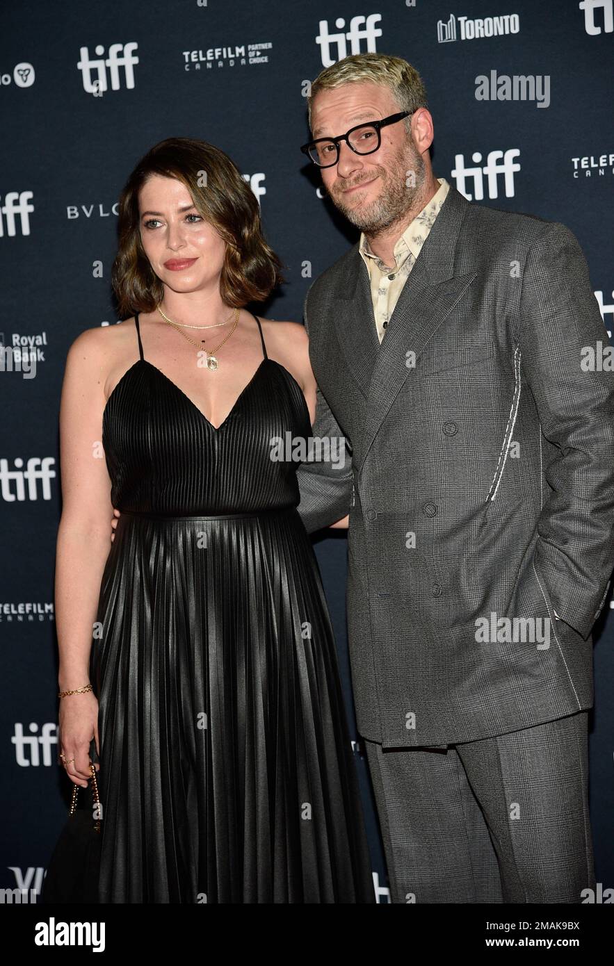 Lauren Miller, left, and Seth Rogen attend the premiere of "The ...