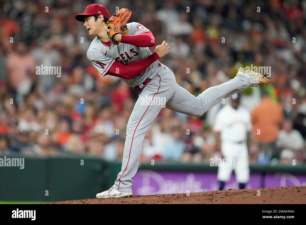 Los Angeles Angels starting pitcher Shohei Ohtani follows through ...