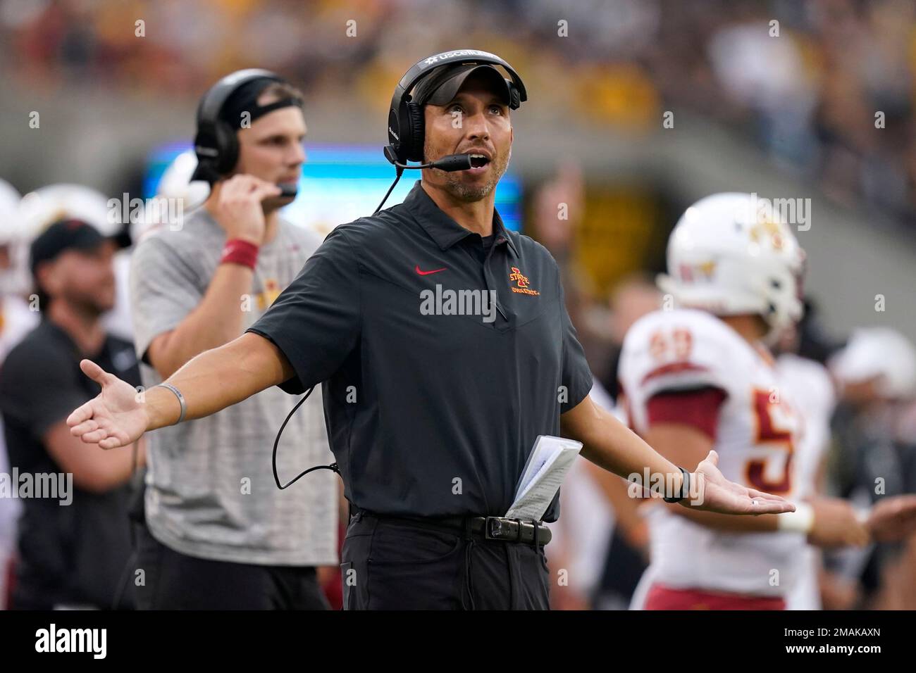 Iowa State head coach Matt Campbell reacts to a call during the first ...