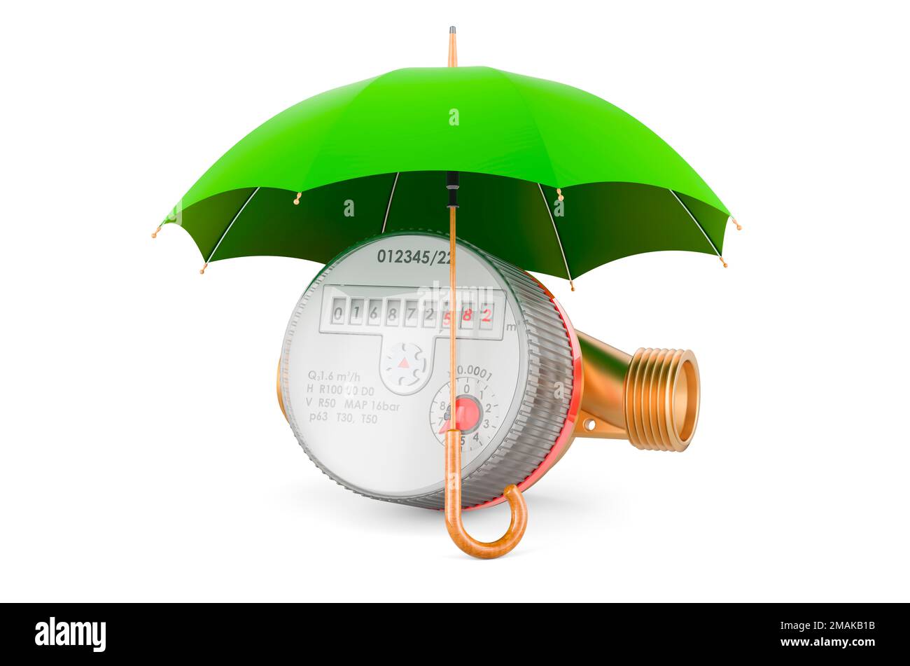 Cold and hot water meters under umbrella, 3D rendering isolated on ...