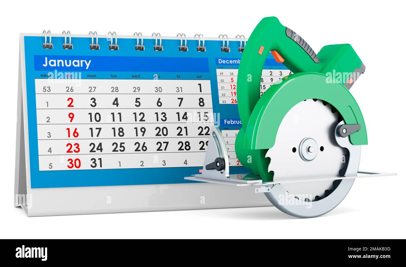 Circular saw with desk calendar, 3D rendering isolated on white ...