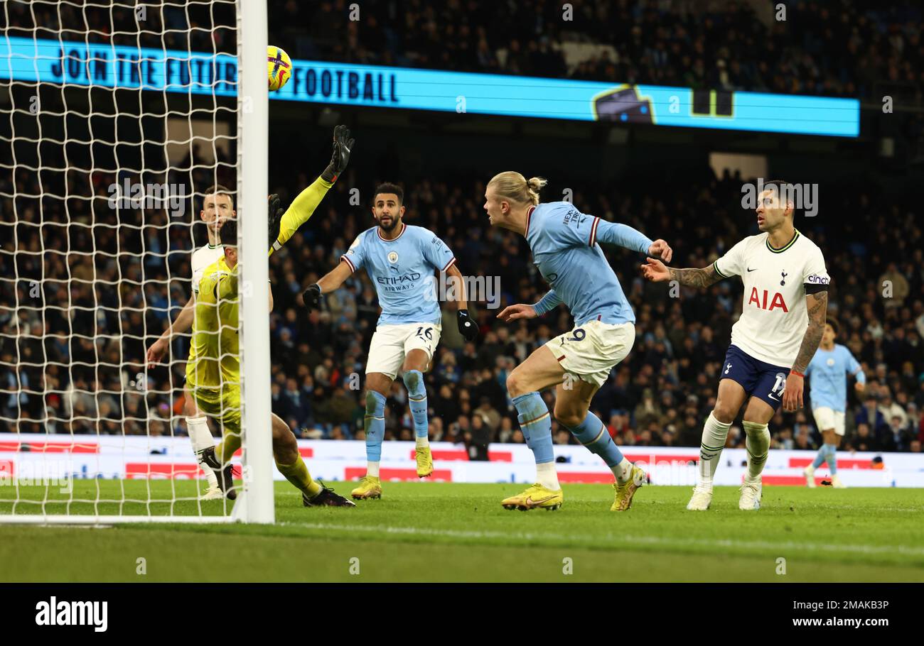 Manchester, UK. 19th January 2023. Erling Haaland of Manchester City scores the equalising goal ...