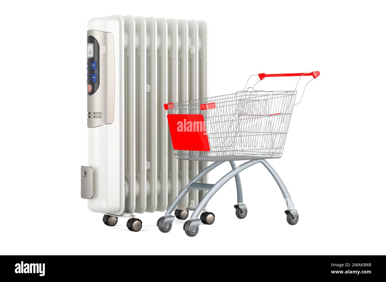 Electric oil heater with shopping cart, 3D rendering isolated on white ...