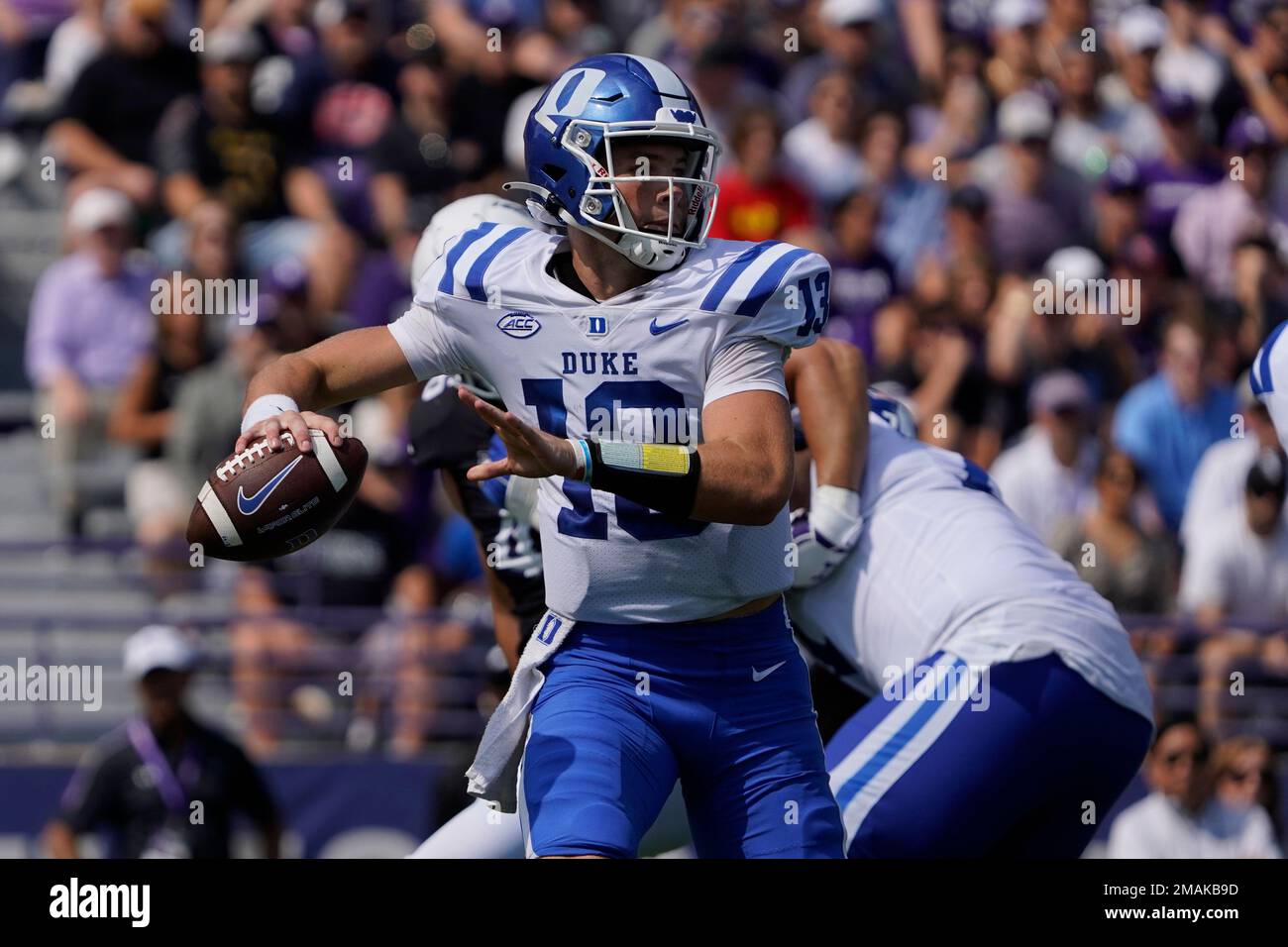 Duke quarterback Riley Leonard (13) looks to pass against Northwestern ...