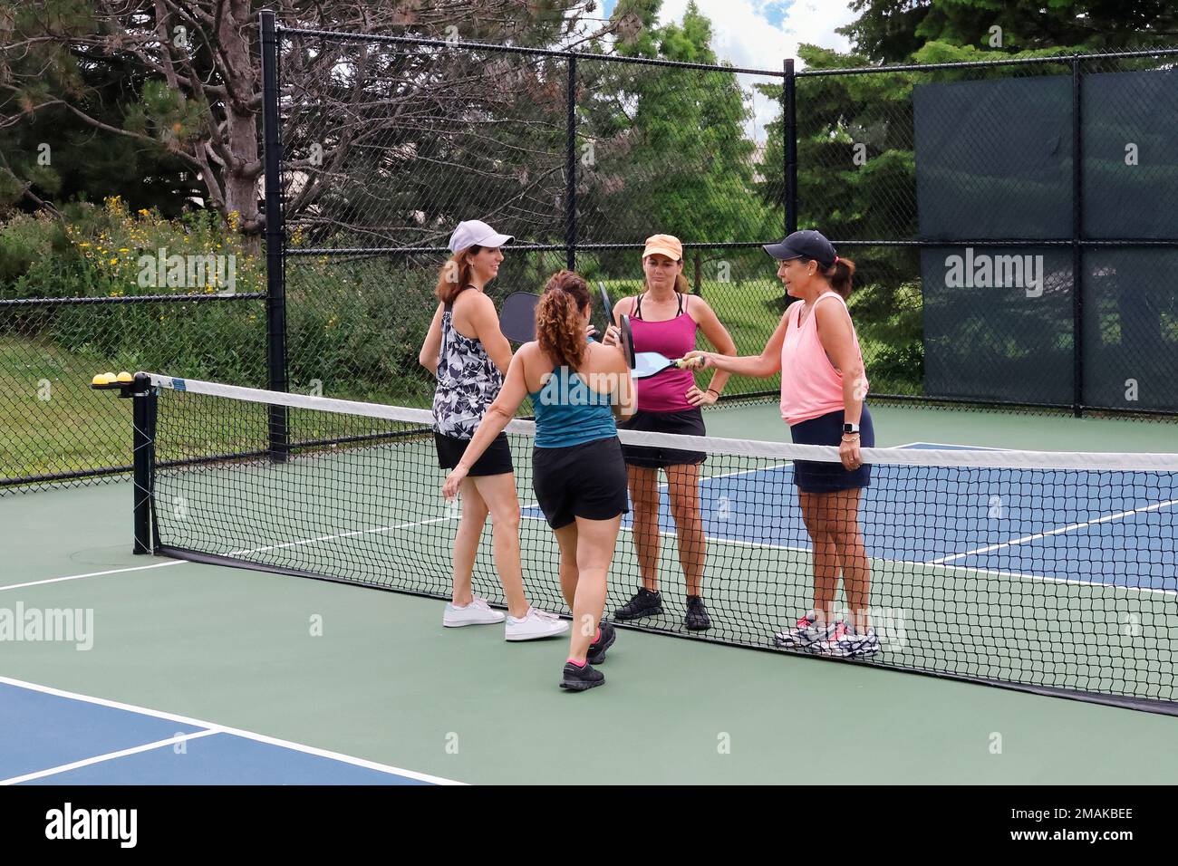 Four female pickleball players touch paddles after a competitive game ...