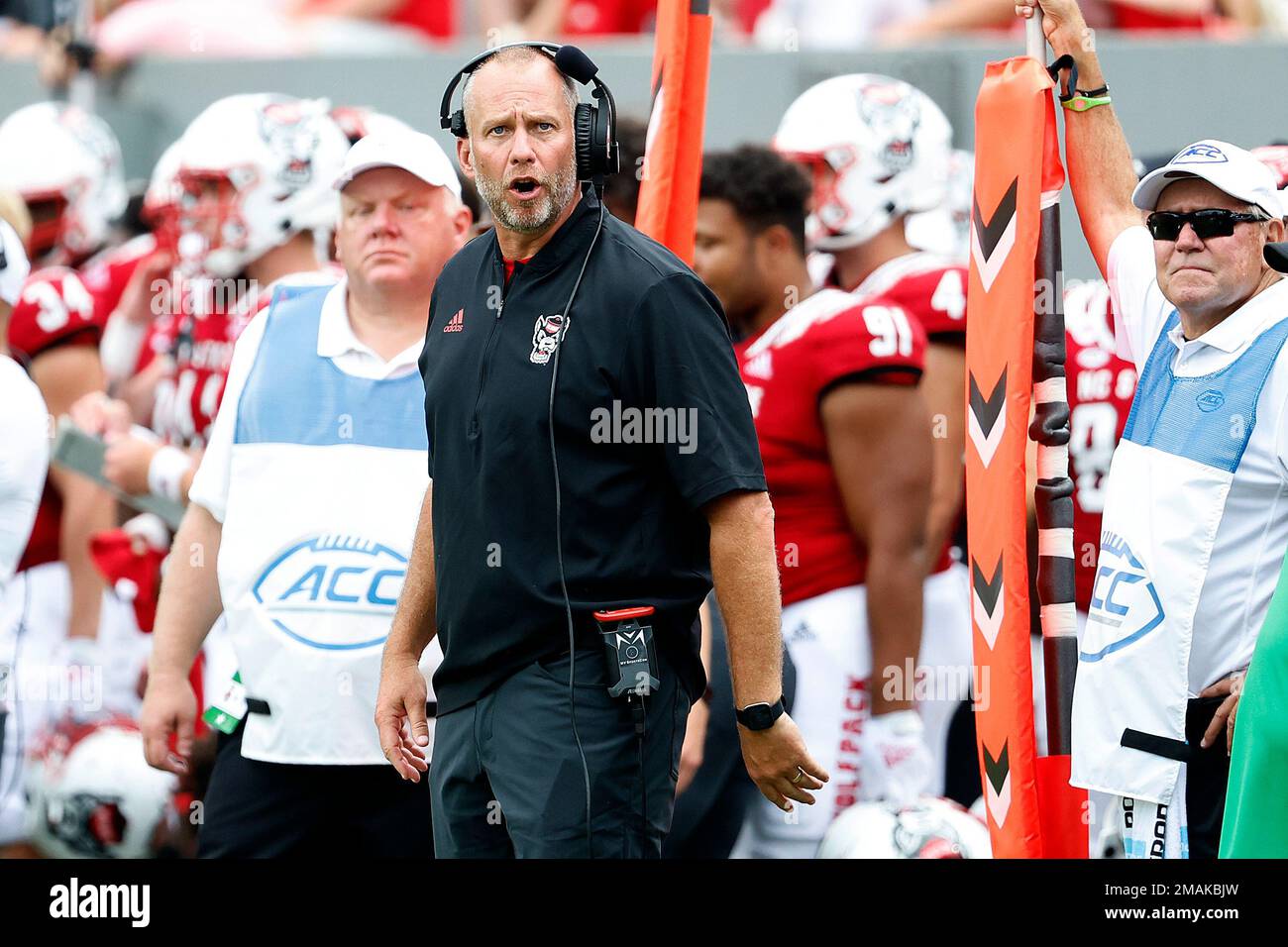 North Carolina State head coach Dave Doeren watches a replay during the ...
