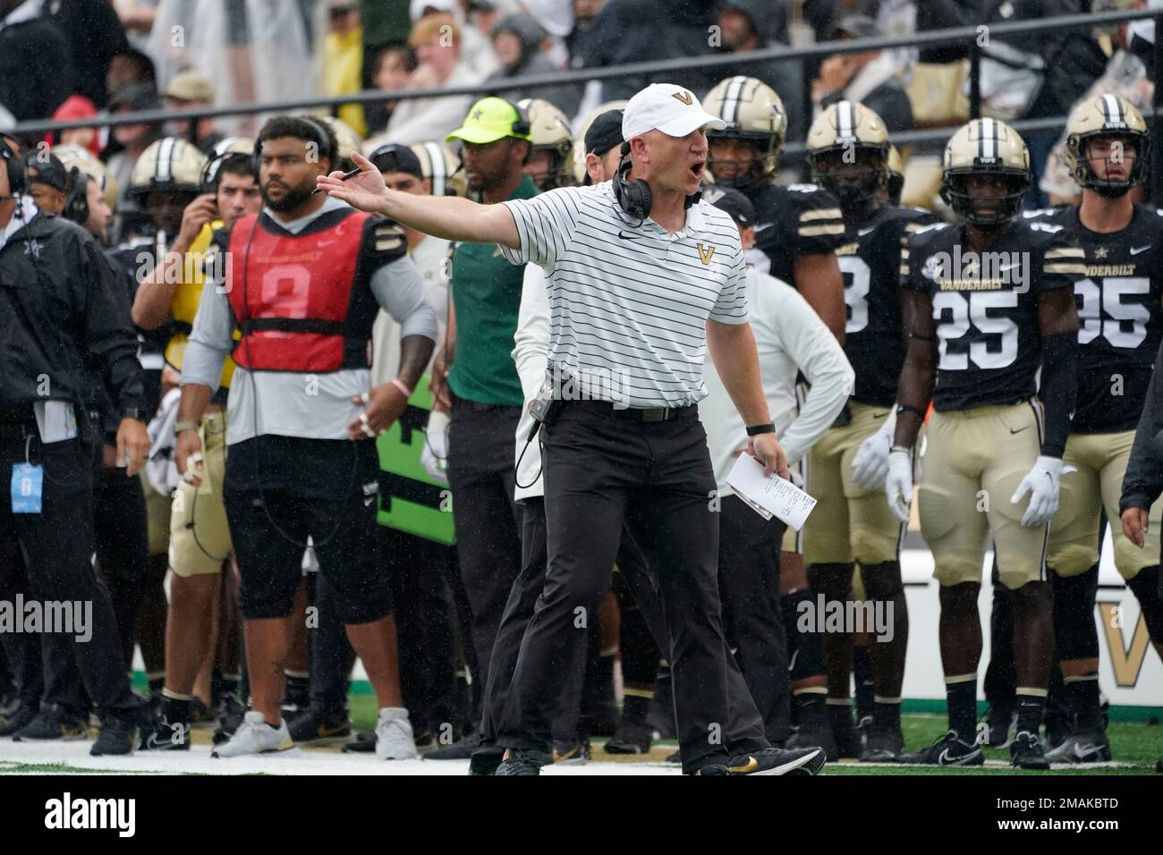 Vanderbilt head coach Clark Lea argues a call in the first half of an ...