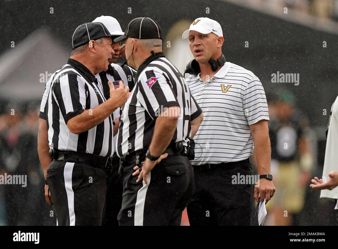 Vanderbilt head coach Clark Lea talks with officials in the first half ...
