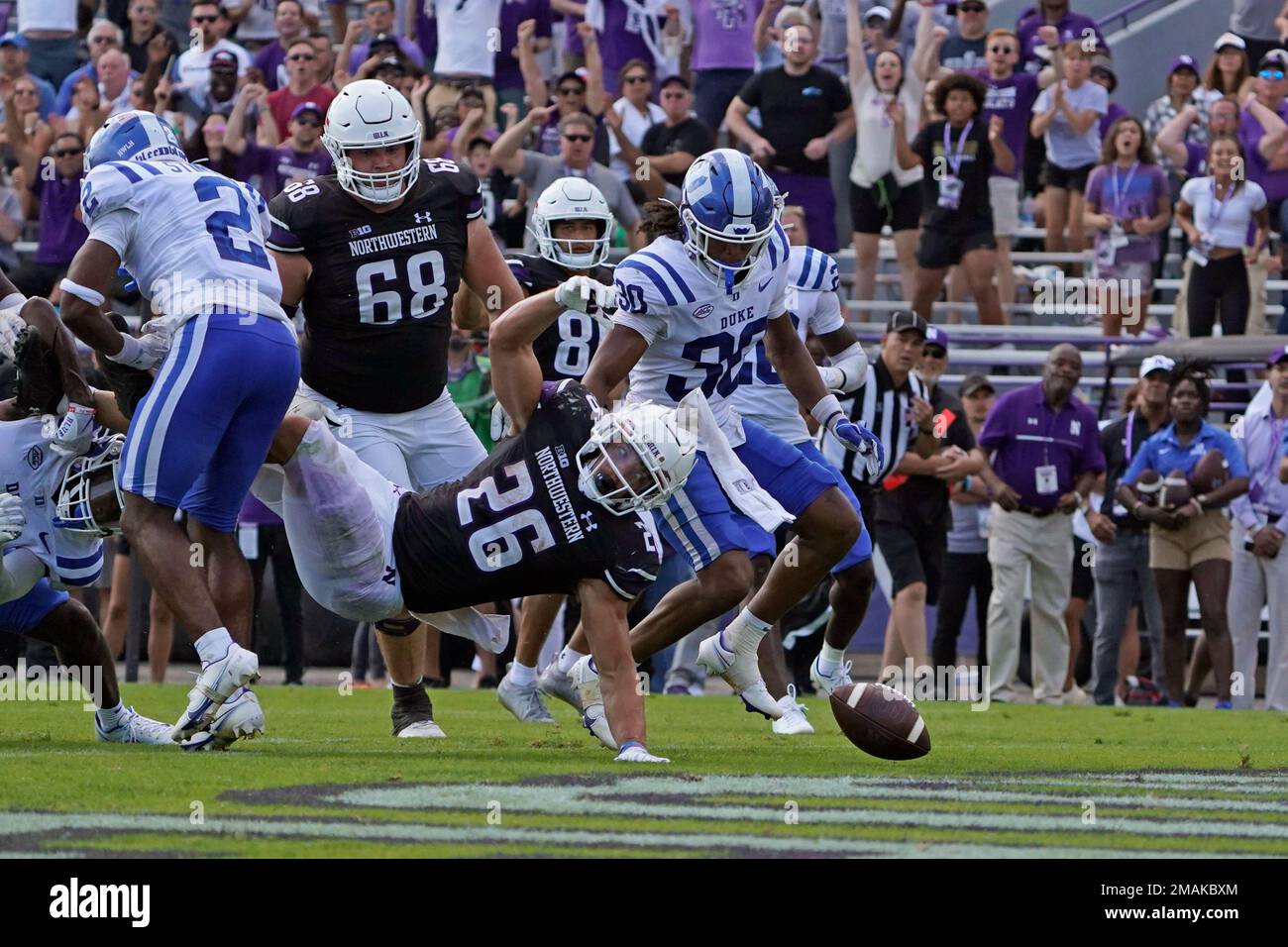 Duke defensive back Jaylen Stinson (2) forces a fumble in the end zone ...
