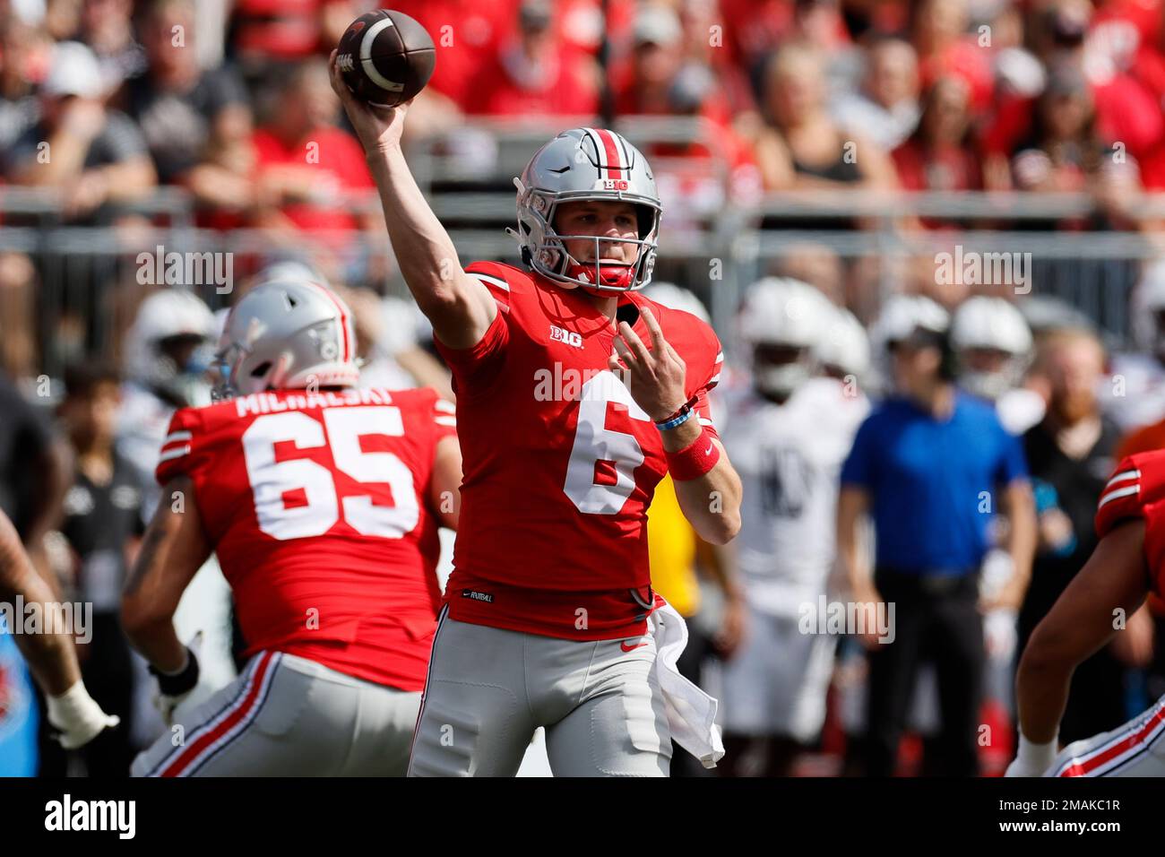 Ohio State quarterback Kyle McCord throws a pass against Arkansas State ...