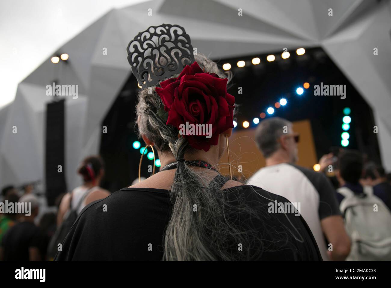 A music fan watches the performance of the Bala Desejo Band during the ...