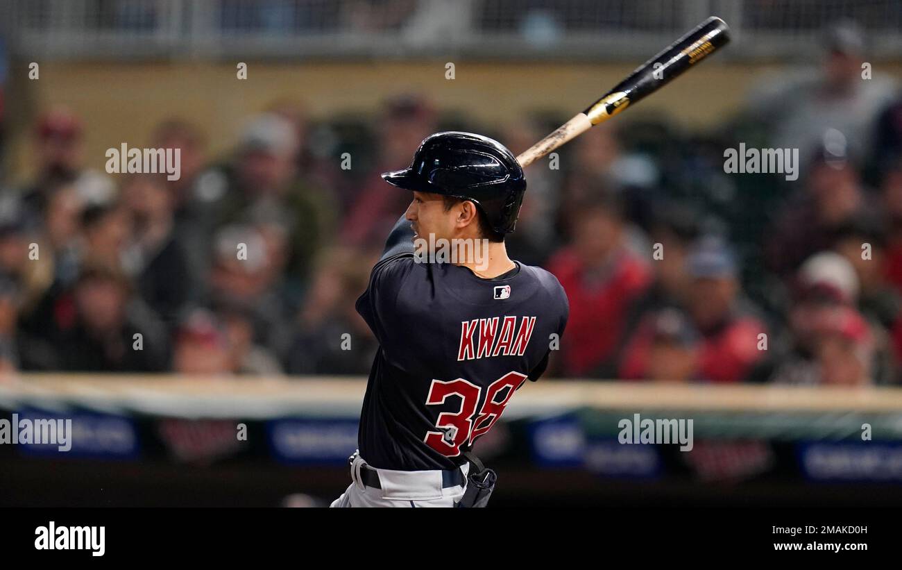 Cleveland Guardians left fielder Steven Kwan swings at a pitch during ...