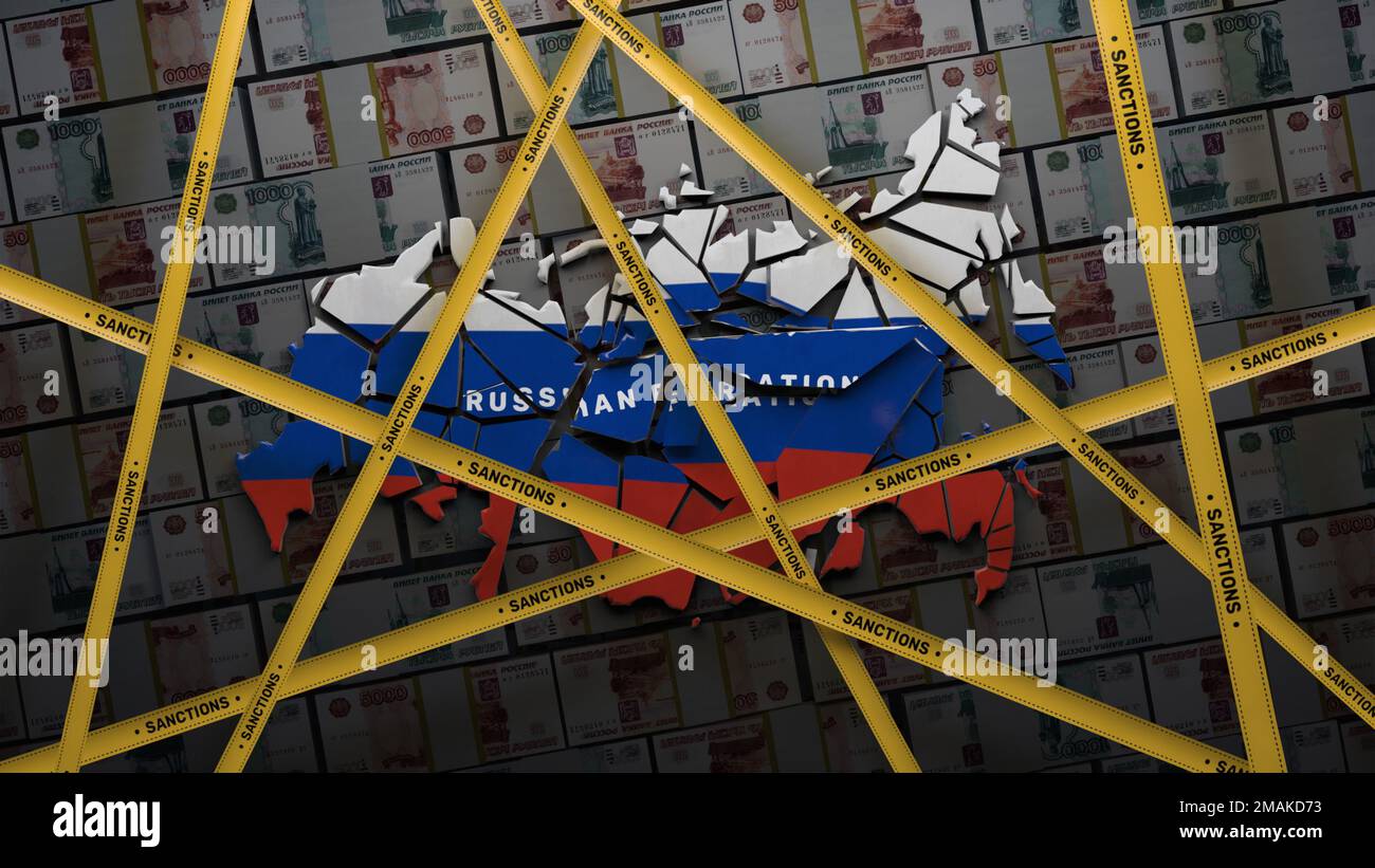 3D render of map of collapsed Russia into different parts covered with ...