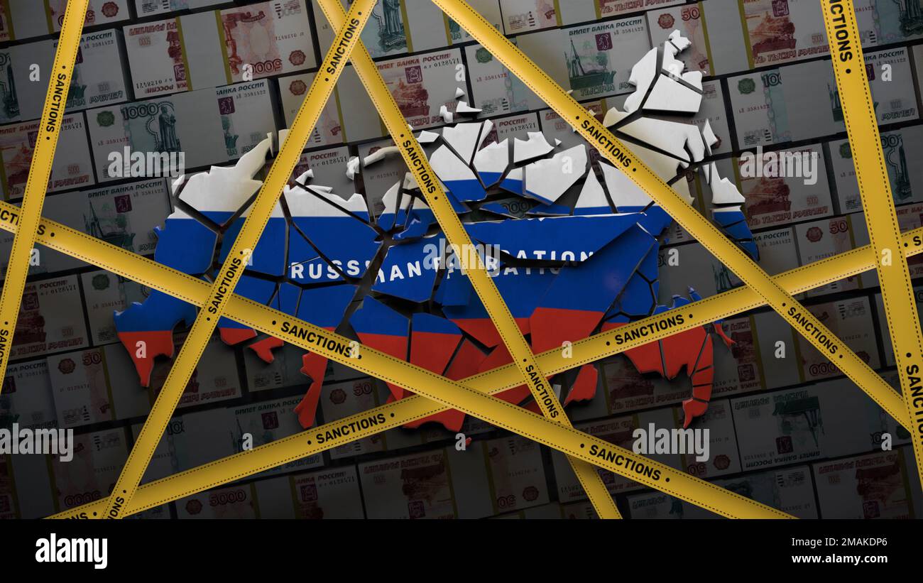 3D render of map of collapsed Russia into different parts covered with ...