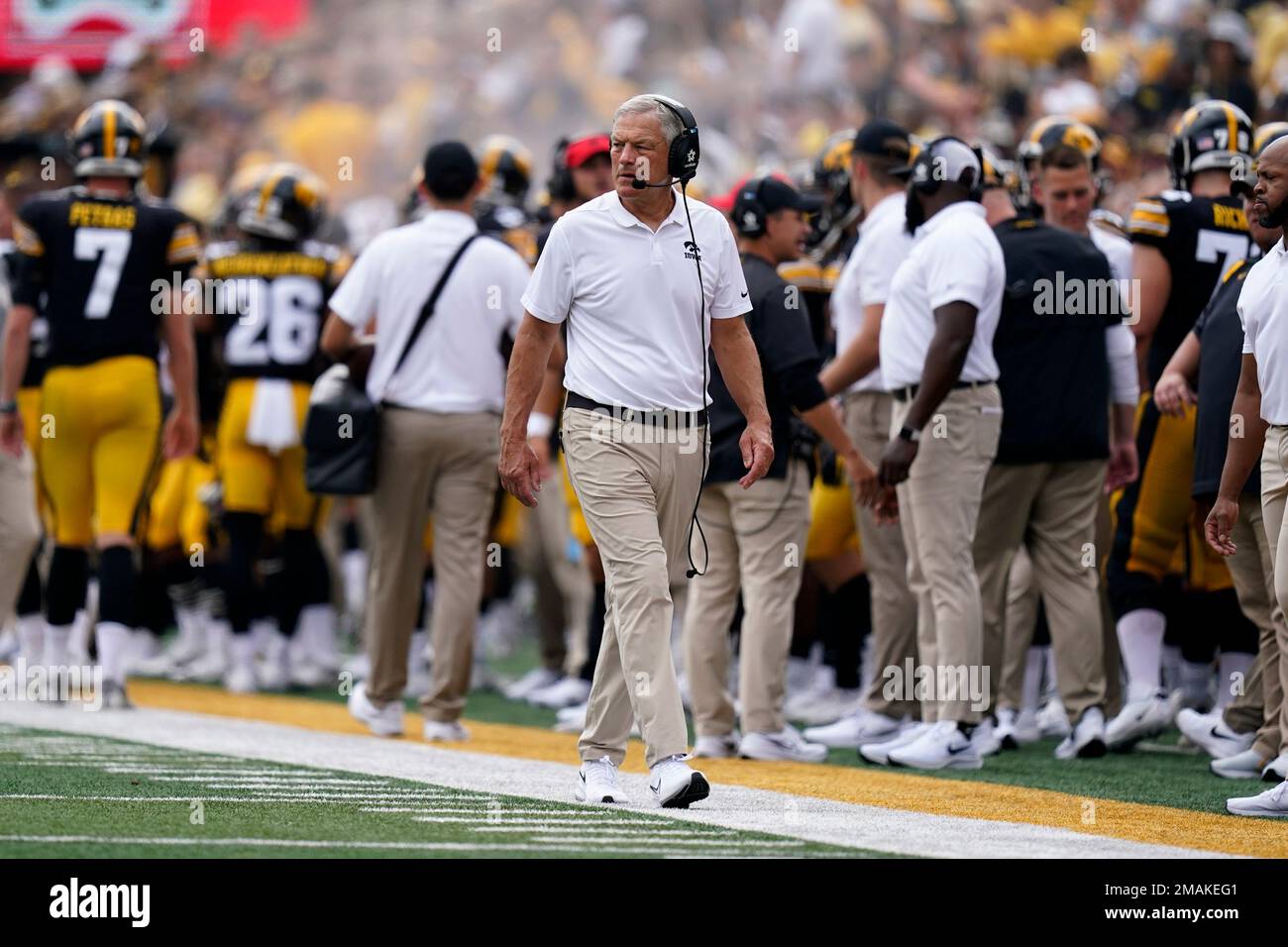 Iowa head coach Kirk Ferentz, center, watches from the sideline during ...