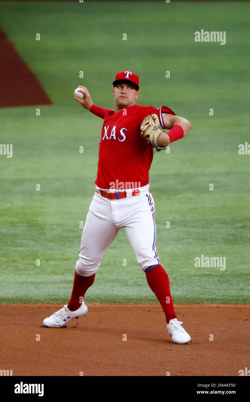 Texas Rangers' Josh Jung warms up prior to his major league debut ...