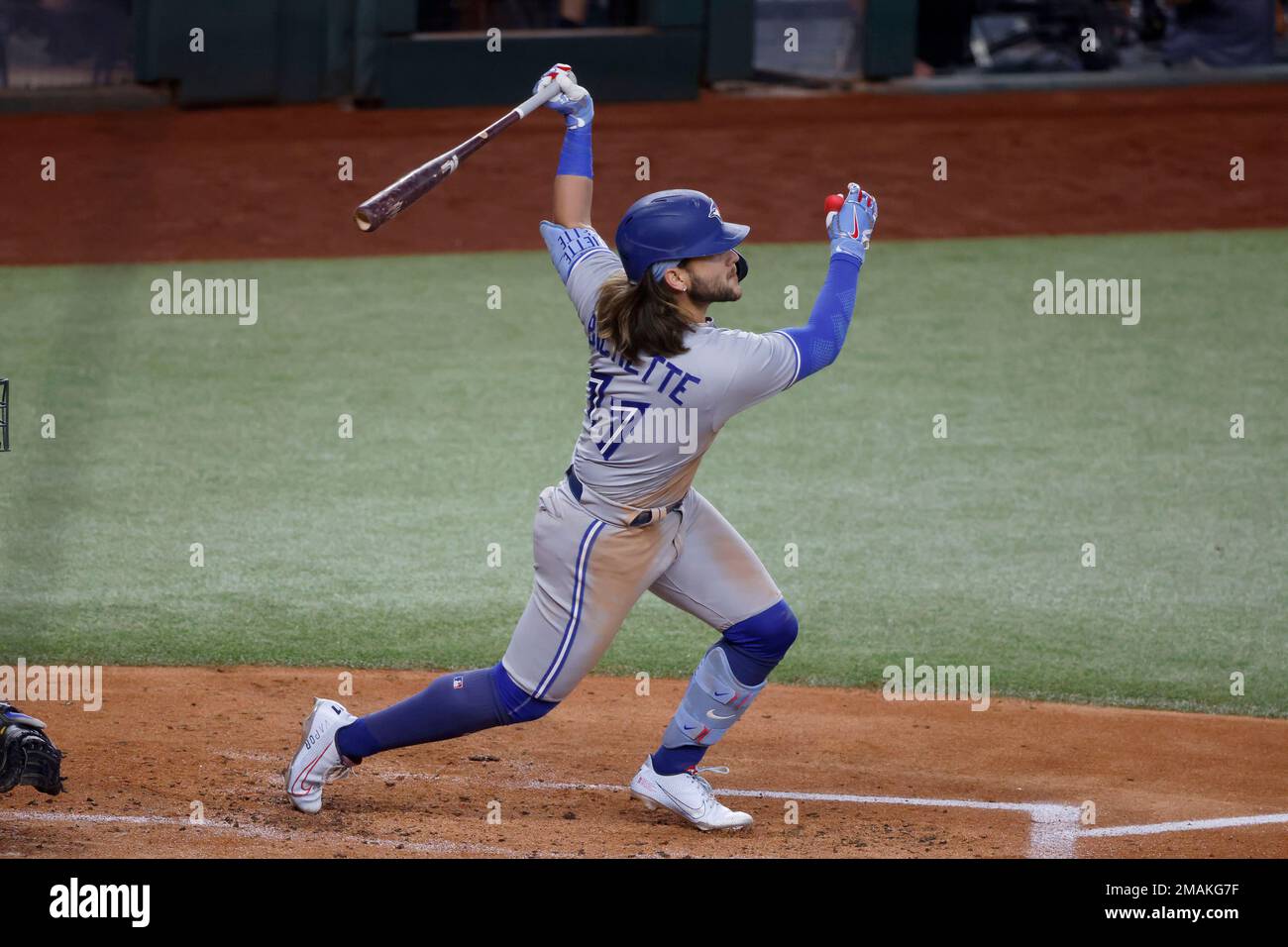 Toronto Blue Jays' Bo Bichette (11) watches his two-run home run ...