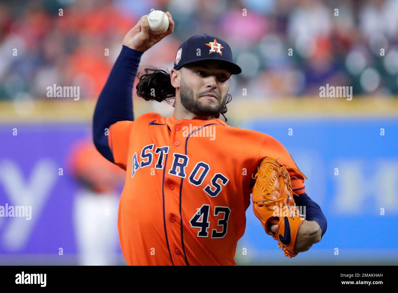 Houston Astros starting pitcher Lance McCullers Jr. throws to a Los ...