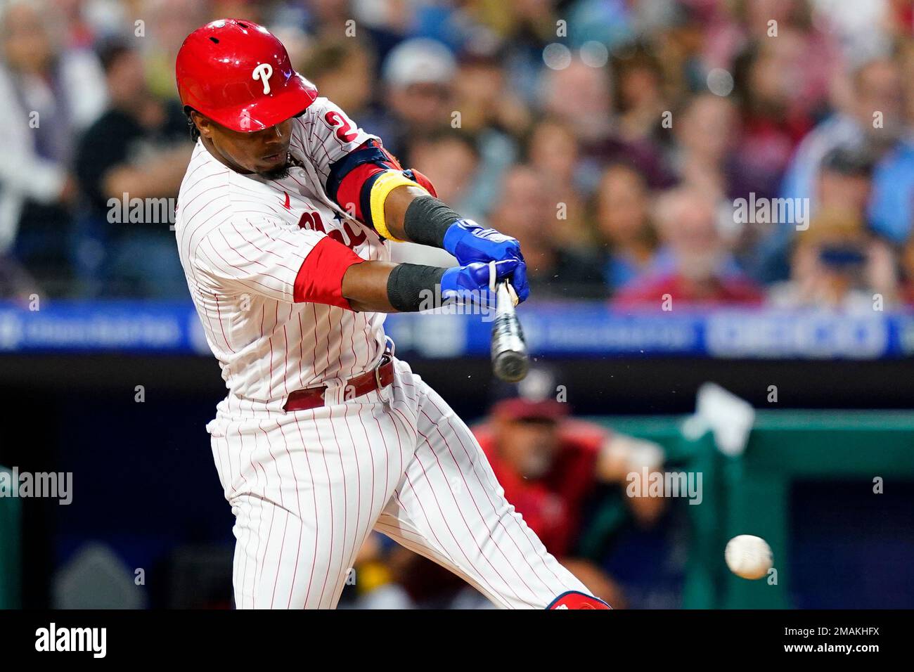 Philadelphia Phillies' Jean Segura breaks his bat hitting into a double ...