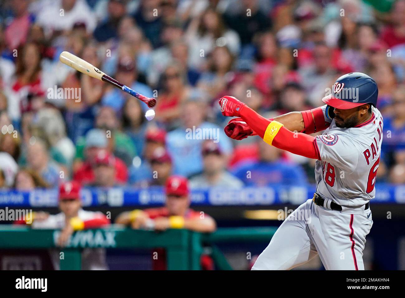 Washington Nationals' Josh Palacios loses his bat on a swing against ...