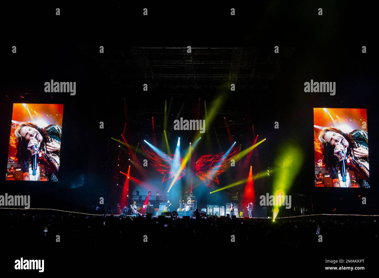 Steven Tyler of Aerosmith is seen on the screens during their ...