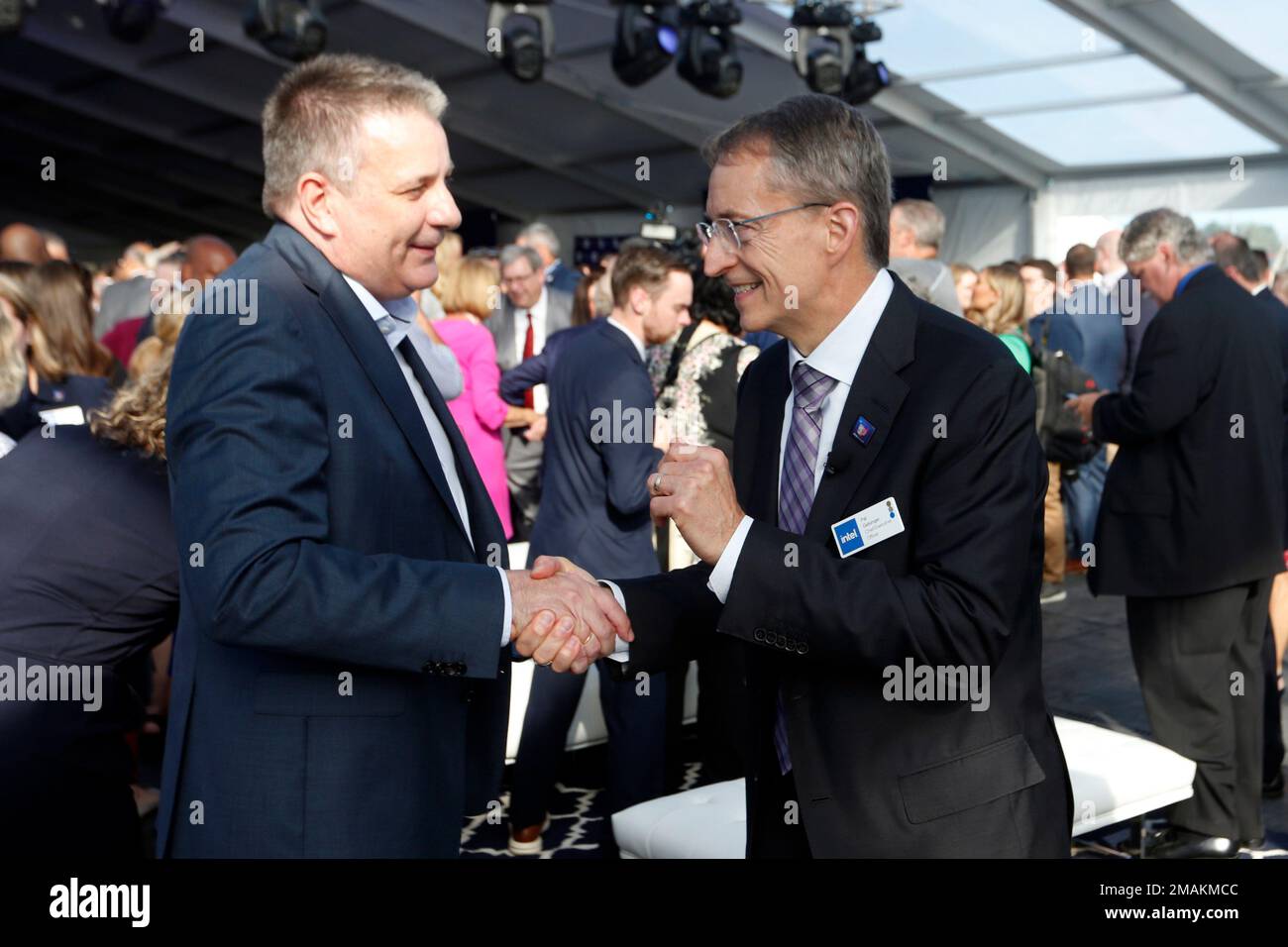 Intel CEO Pat Gelsinger, right, meets with Kal Beckmann before the ...