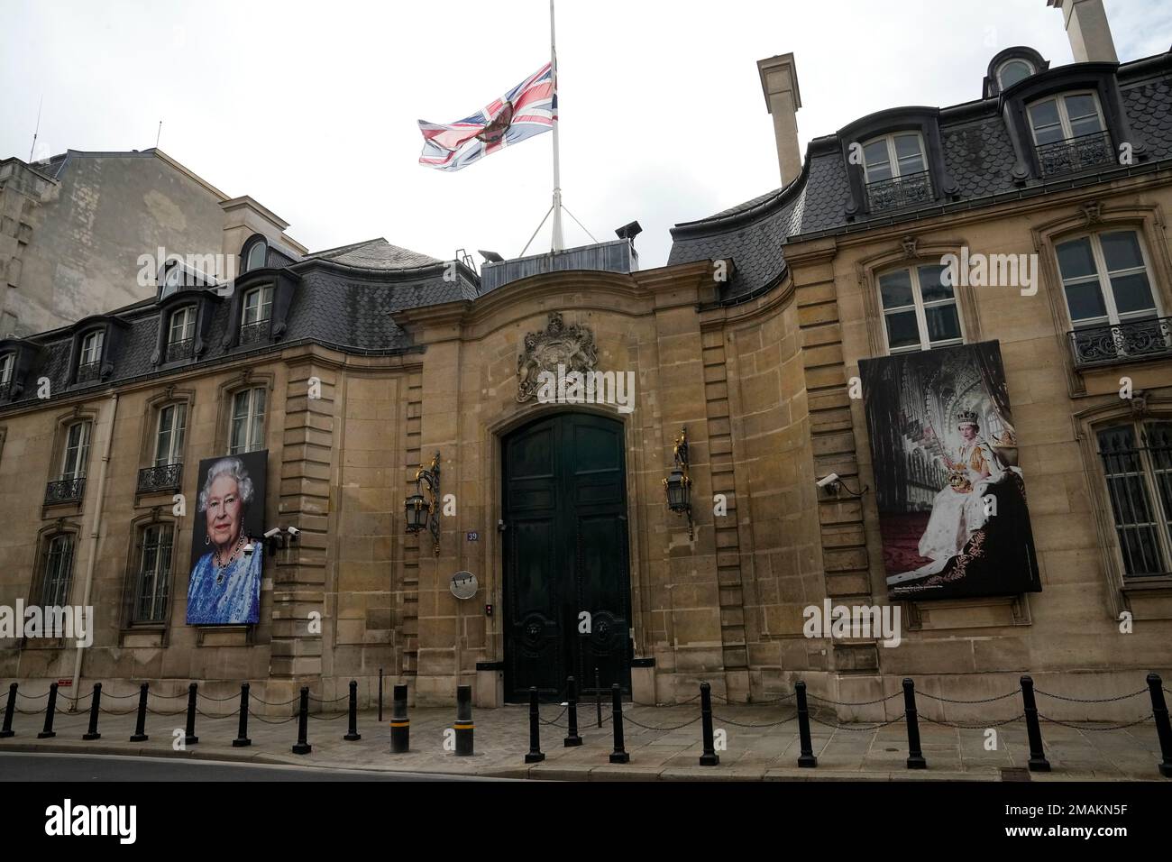 The Union Jack flag flies at half-mast above the UK Embassy of Paris ...