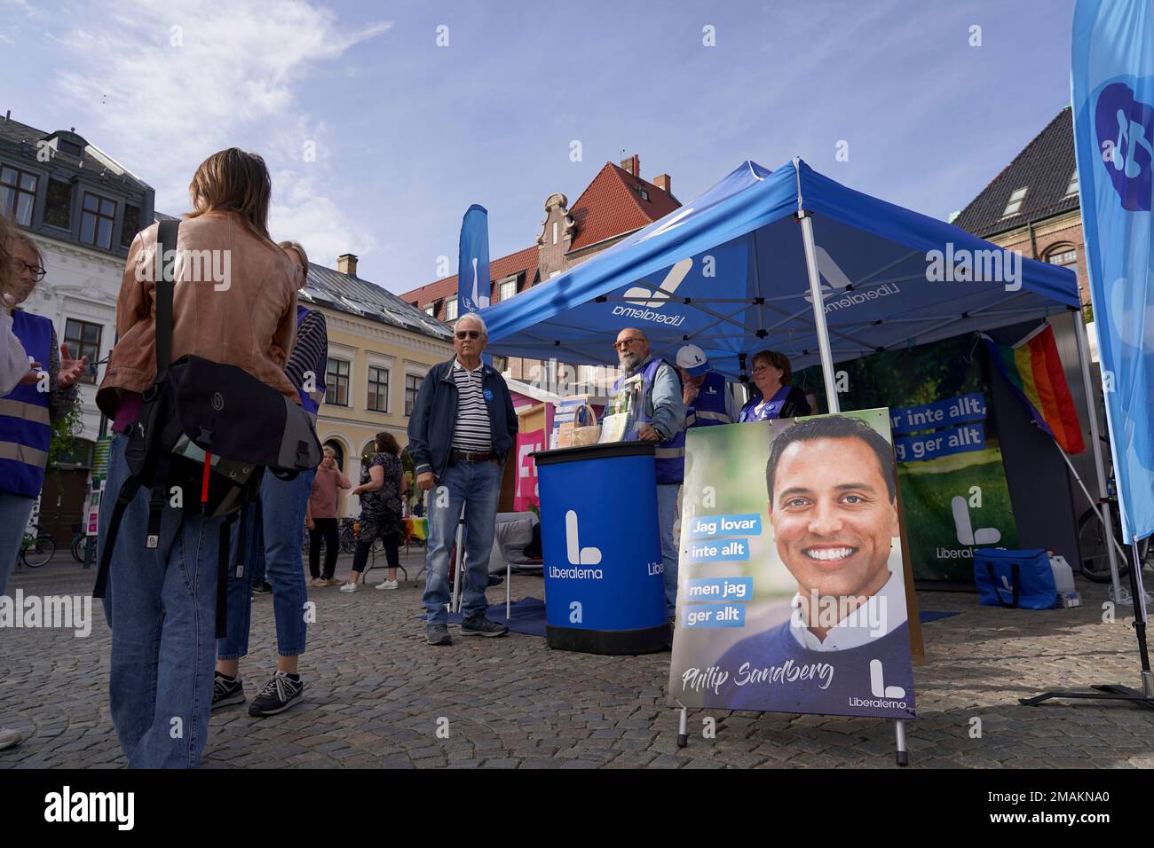 Swedish political parties' tents are set up for an election event, in ...