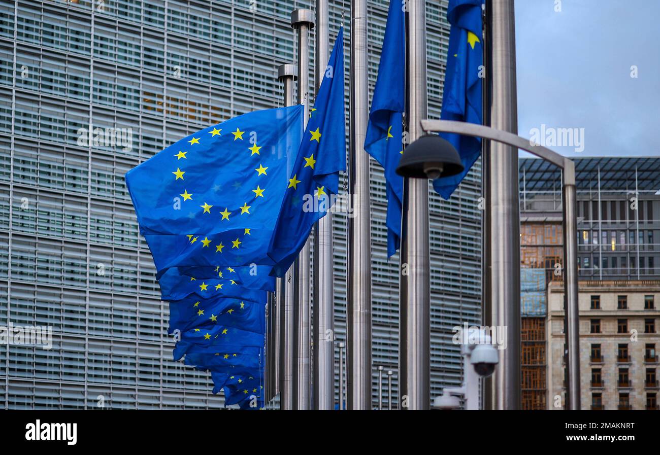 European Union flags flap in the wind at half staff outside EU ...