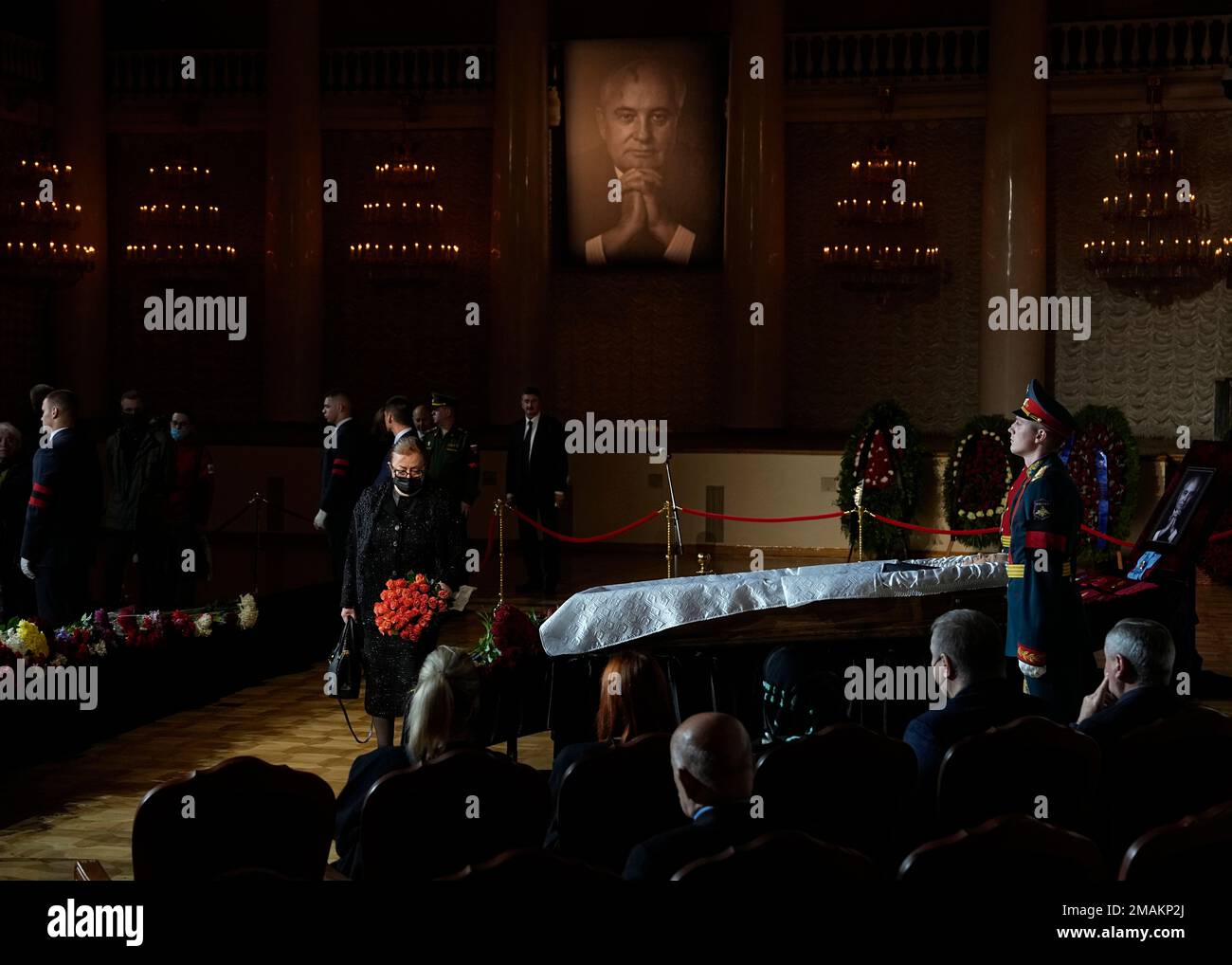 Honour guards stand by the coffin of former Soviet President Mikhail ...