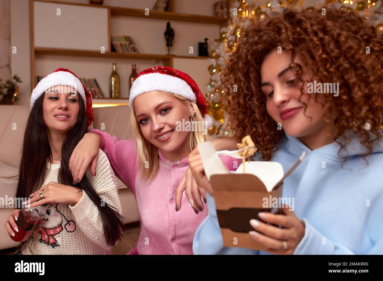 Bachelorette party for christmas, several beautiful girls celebrate ...