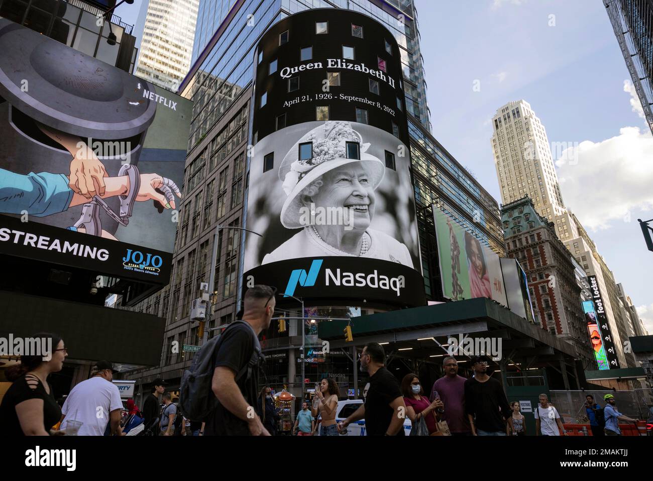 A photo of Britain's longest-serving monarch Queen Elizabeth II is displayed on the Nasdaq ...