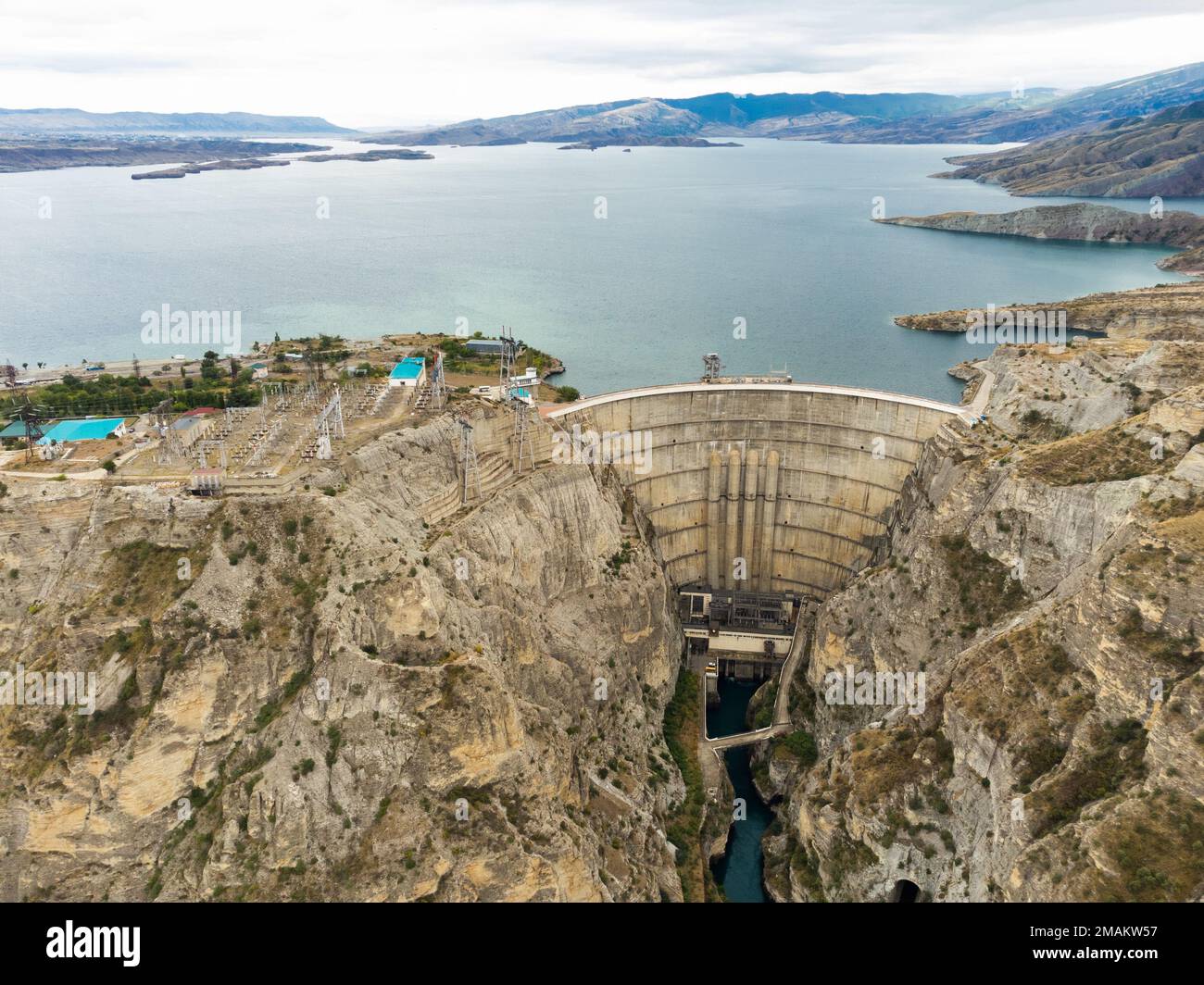 Dam of Chirkey hydroelectric power plant in Dagestan, Russia, aerial ...