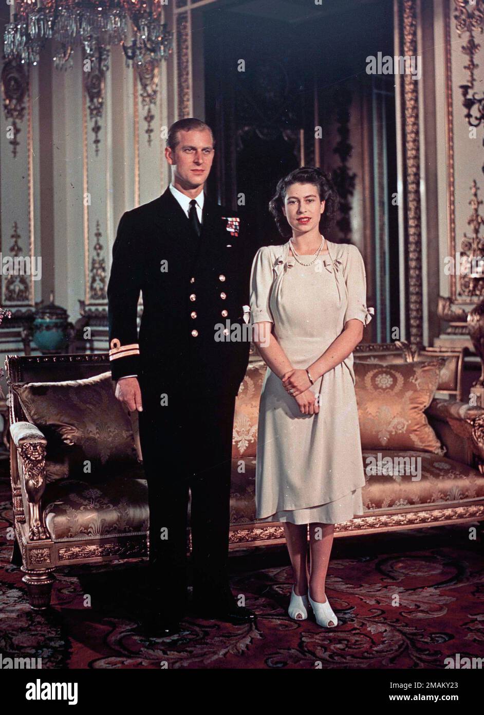 FILE - in this Sept. 1947 file photo, Britain's Princess Elizabeth and Lt. Philip Mountbatten ...