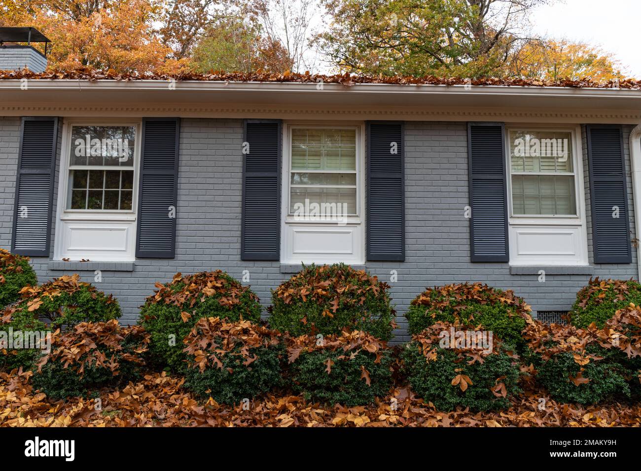 View looking up at part of a residential brick ranch with yard, bushes ...