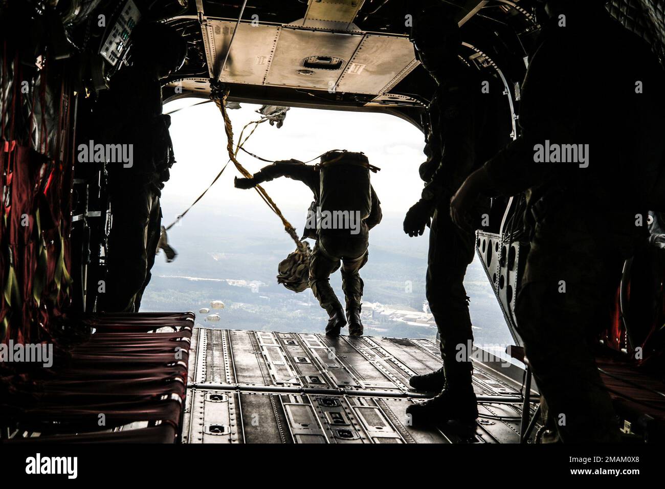 A Polish Paratrooper jumps from a CH-47 Chinook helicopter following ...